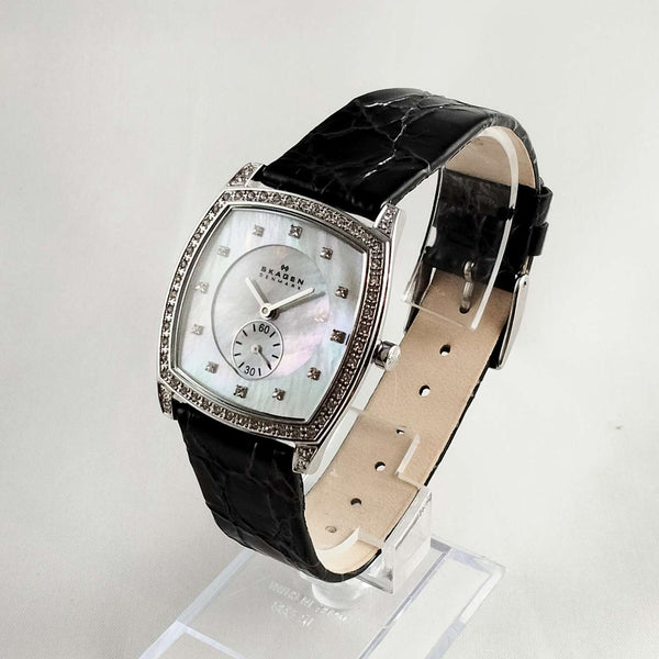 Skagen Unisex Watch, Mother of Pearl Dial, Black Genuine Patent Leathe - I Like Mikes Mid ...