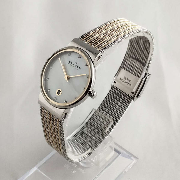 Skagen Watch, Mother of Pearl Dial, Jewel Hour Markers, Mesh Strap - I Like Mikes Mid Century Modern
