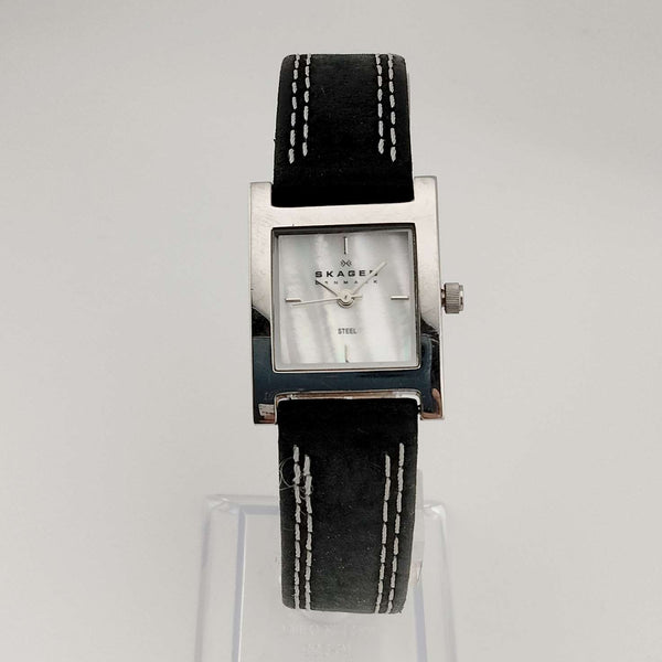 Skagen Watch, Square Mother of Pearl Dial, Genuine Black Leather Strap - I Like Mikes Mid ...