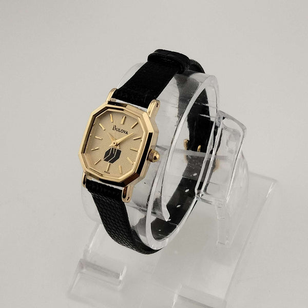 Bulova Women's Watch, Unique Gold Tone Decagon Dial, Genuine Black Lea ...