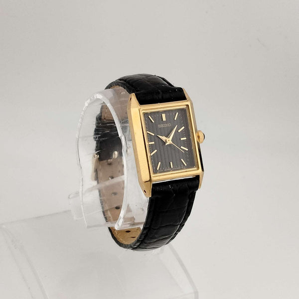 Seiko Unisex Gold Tone Watch, Black Rectangle Dial, Black Calf Strap - I Like Mikes Mid Century ...