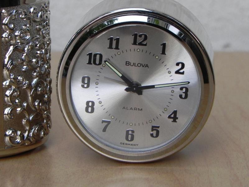 Vintage Bulova Silver Cylindrical Desk Alarm Clock with Compartment - I ...