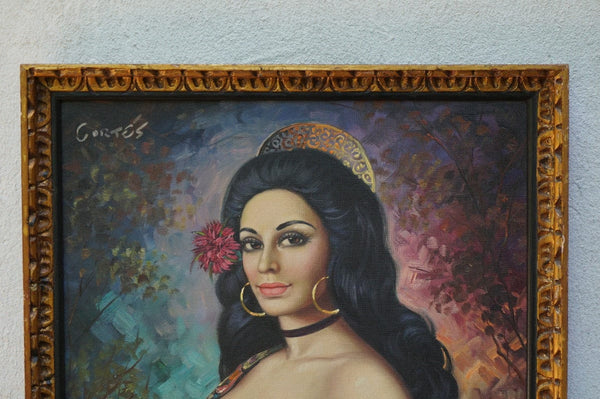 Beautiful Spanish Lady By Cortés Matas Oil On Canvas Framed 1940s I