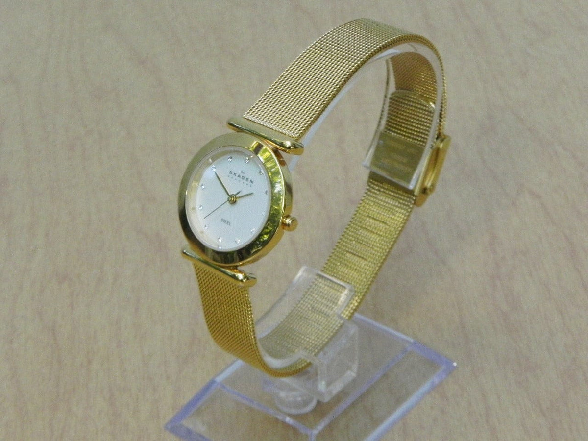 Skagen Women's Classic Goldtone White Dial Swarovski Crystal Watch - I Like Mikes Mid Century Modern