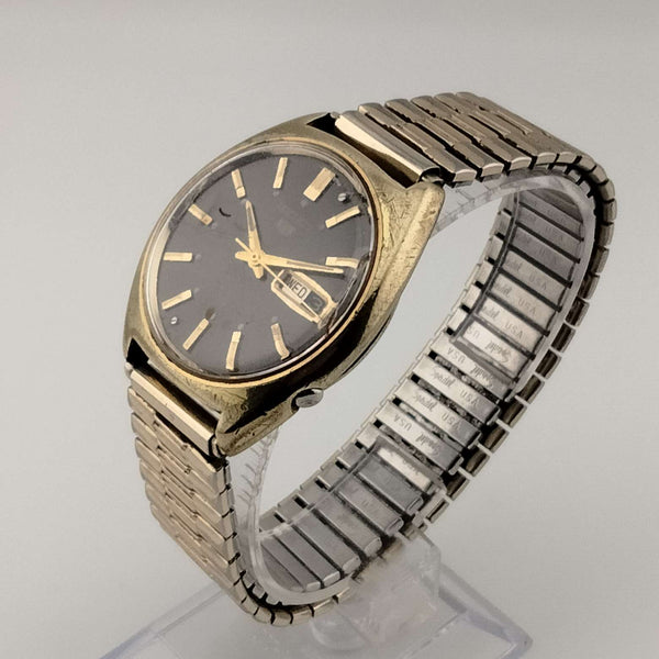 Seiko 5 Men's Gold Tone Watch, Round, Automatic, Black Face, Number Ma ...
